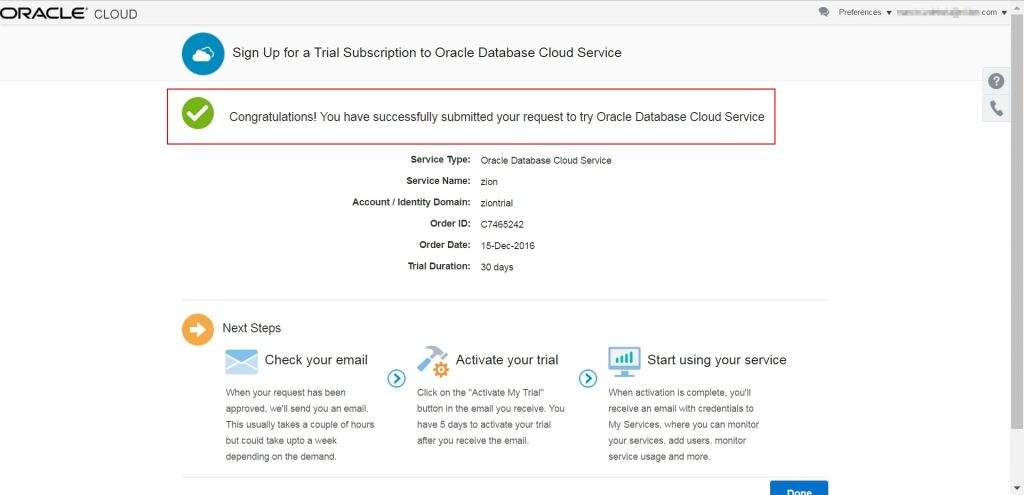 Oracle Database Cloud Service free trial account - eMarcel.com